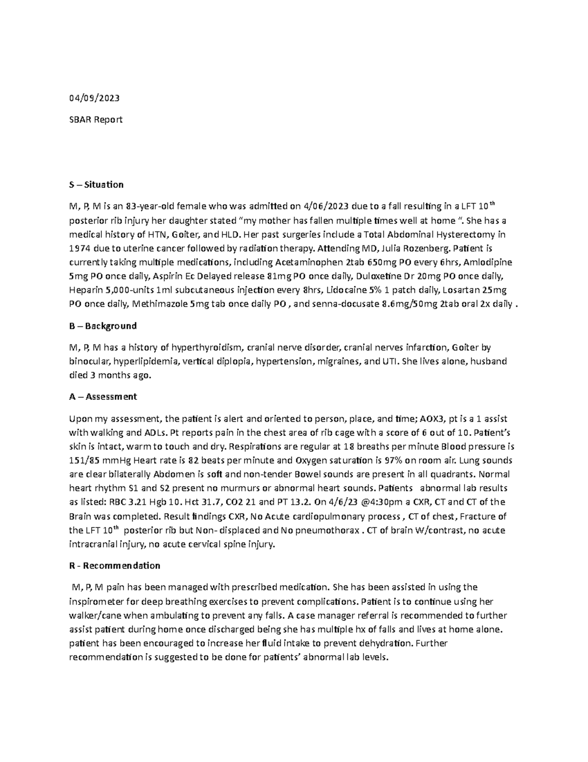 SBAR report week 2 - example of an SBAR handoff - 04/09/ SBAR Report S ...