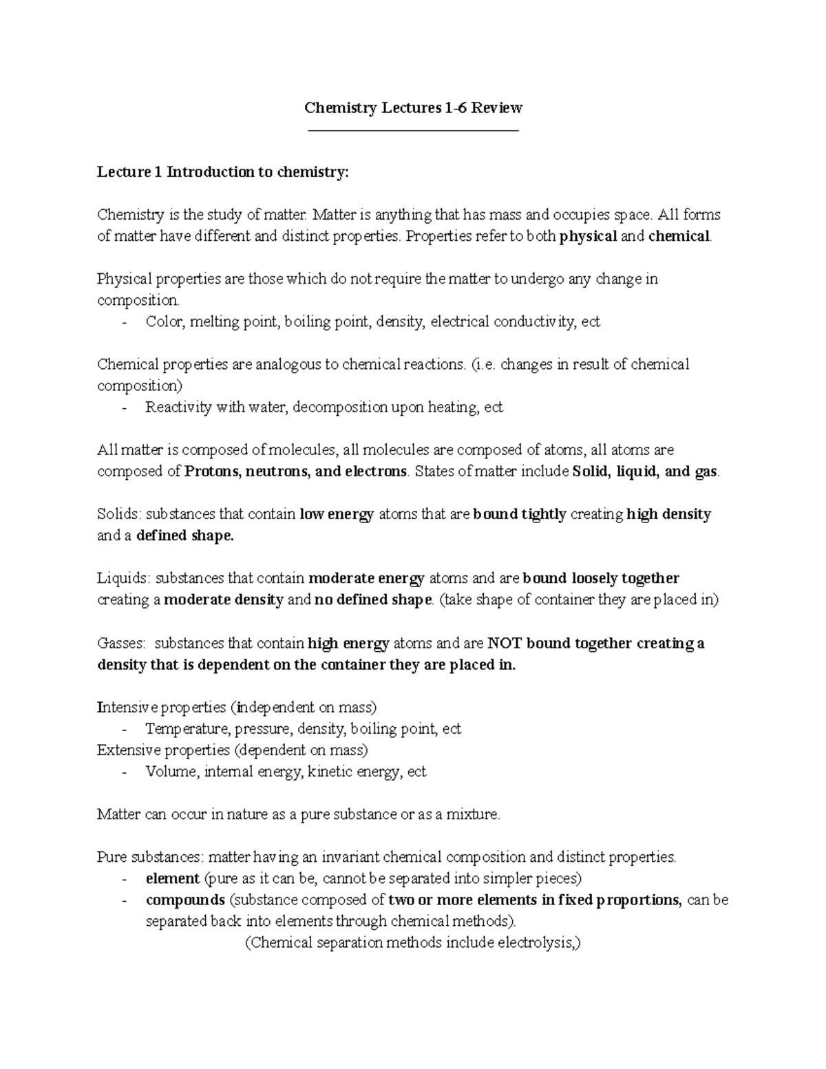 Chemistry Lectures Review (CHEM 101): Intro to Matter & Atomic ...