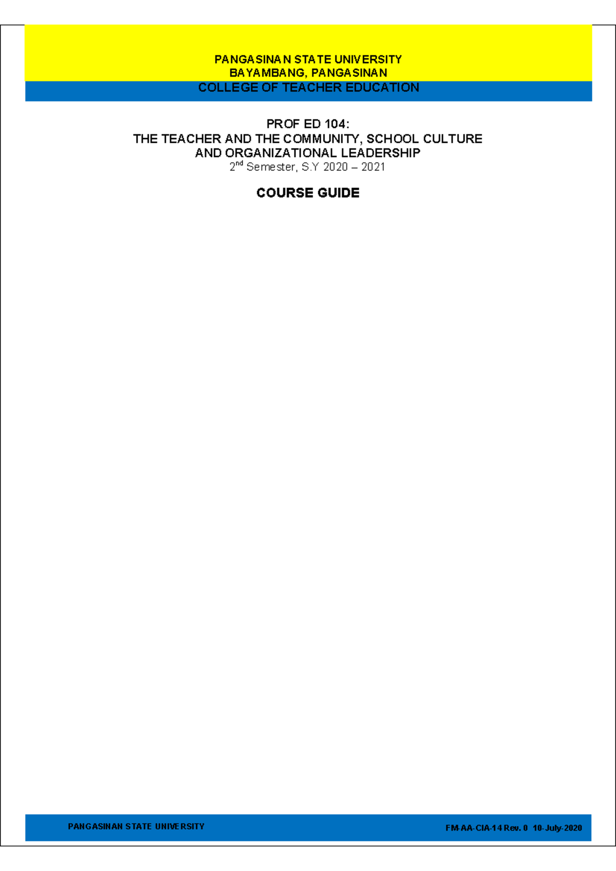 COURSE GUIDE FOR PROF ED 104: TEACHER & COMMUNITY 2020-2021 - Studocu