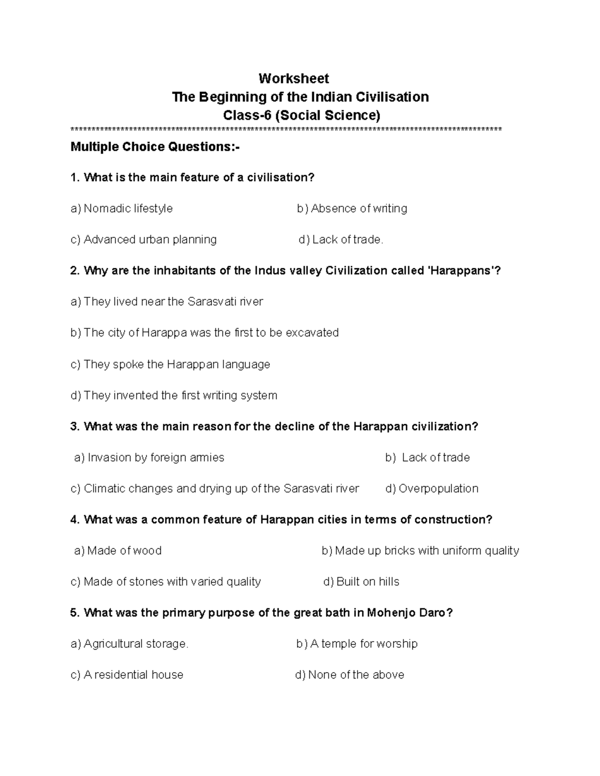 Worksheet on Class-6 Social Science: Beginning of Indian Civilisation ...