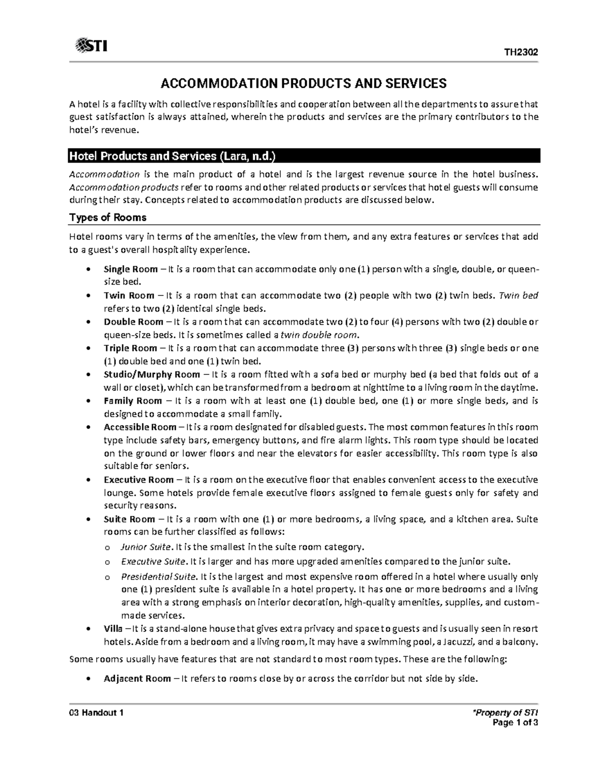 03 Handout 1 - Overview of Accommodation Products & Services - Studocu