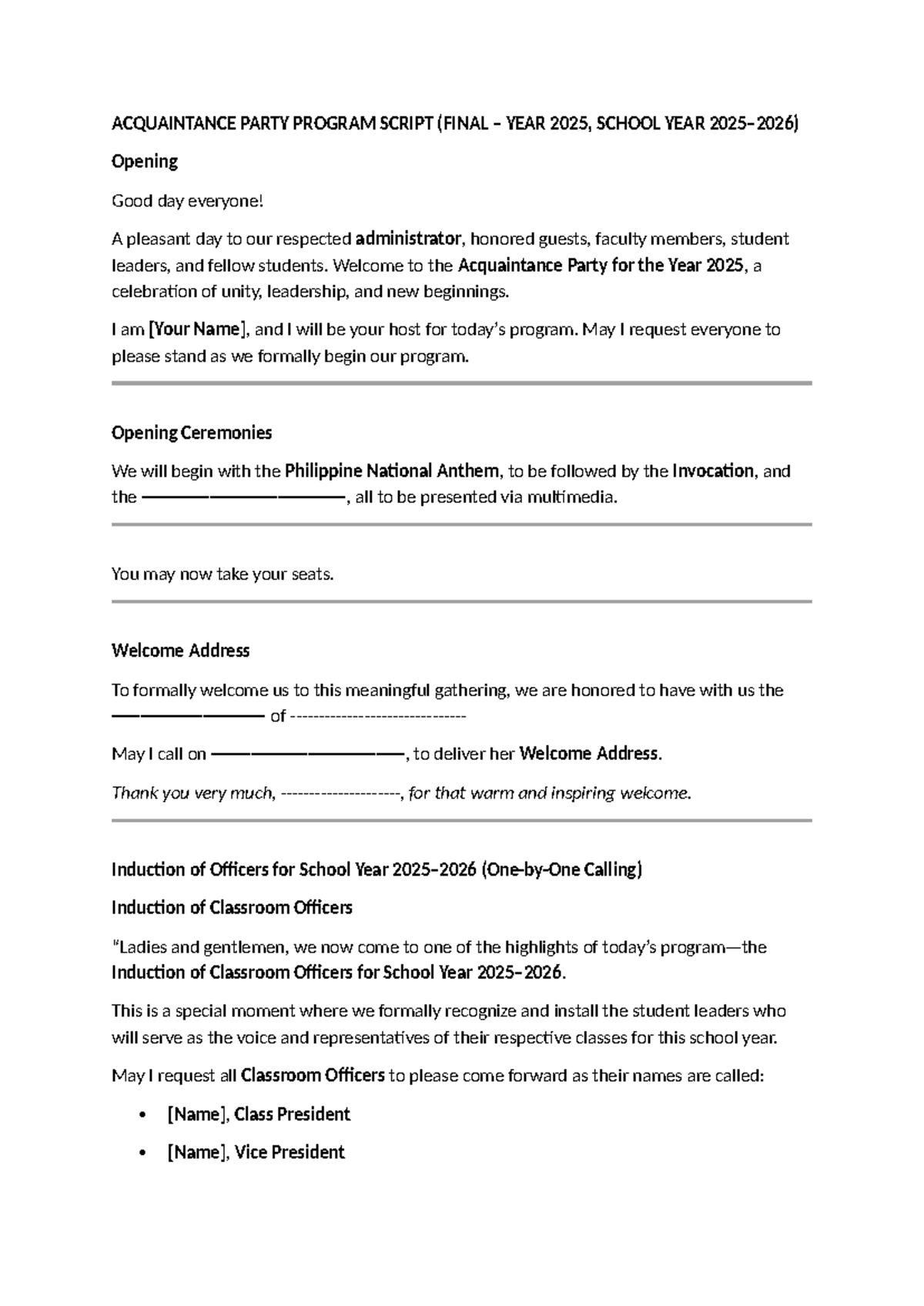 ACQUAINTANCE PARTY PROGRAM SCRIPT (FINAL YEAR 2025) - Studocu