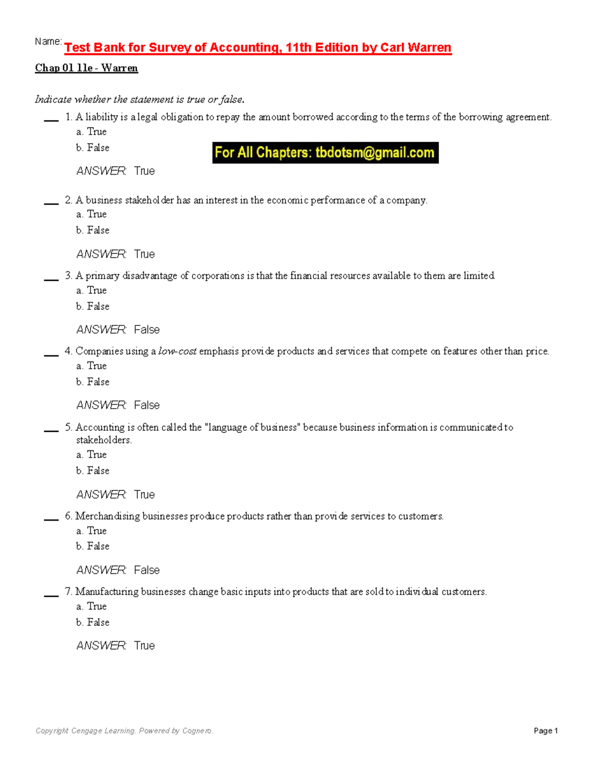 Test Bank for Survey of Accounting 11e: Chapter 01 Questions & Answers ...