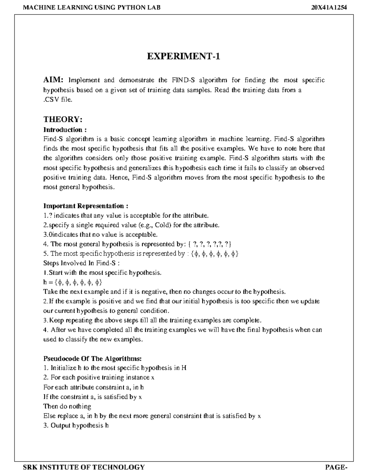 Find-S Algorithm Implementation and Analysis for ML (CS101) - Studocu