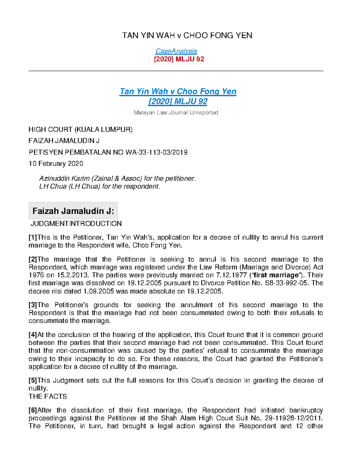 Tan Yin Wah v Choo Fong Yen: Analysis of Marriage Nullity Case [2020 ...