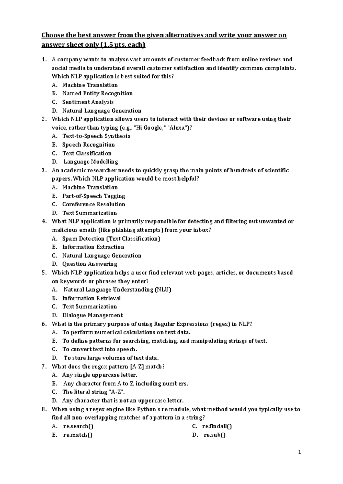 NLP-Final Exam: Multiple Choice & Short Answer Questions - Studocu