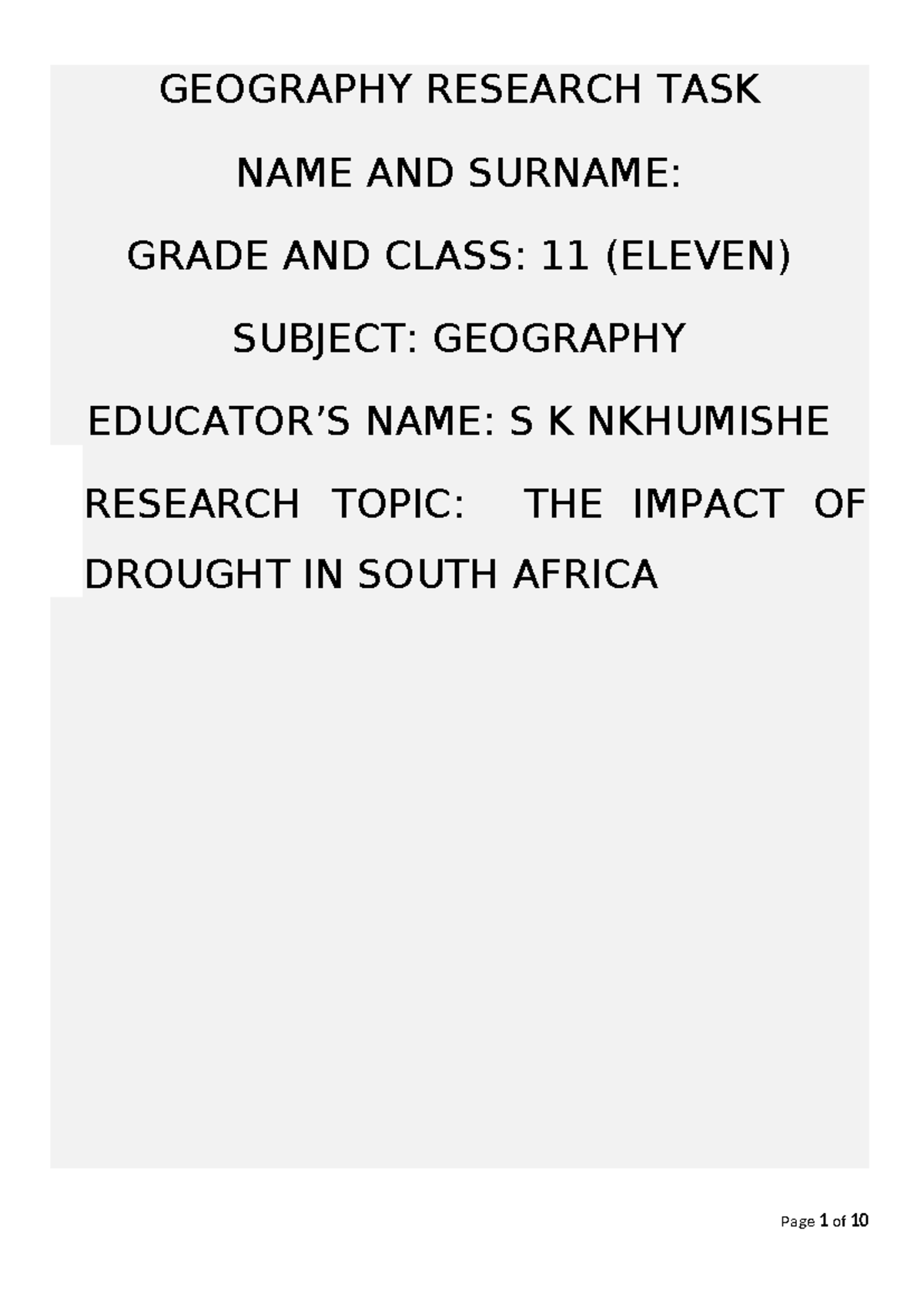Geography Research Task: Drought Impact in South Africa - Grade 11 ...