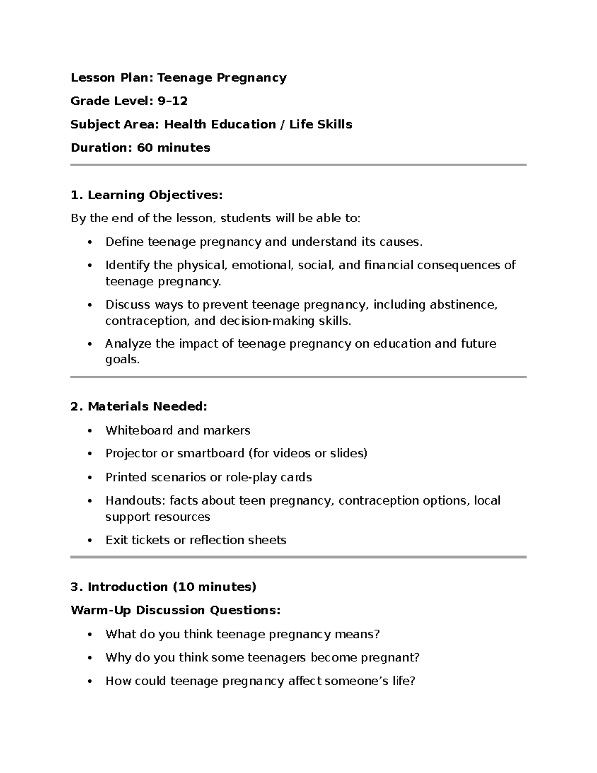 Health Ed Lesson Plan: Understanding Teenage Pregnancy - 9th Grade ...
