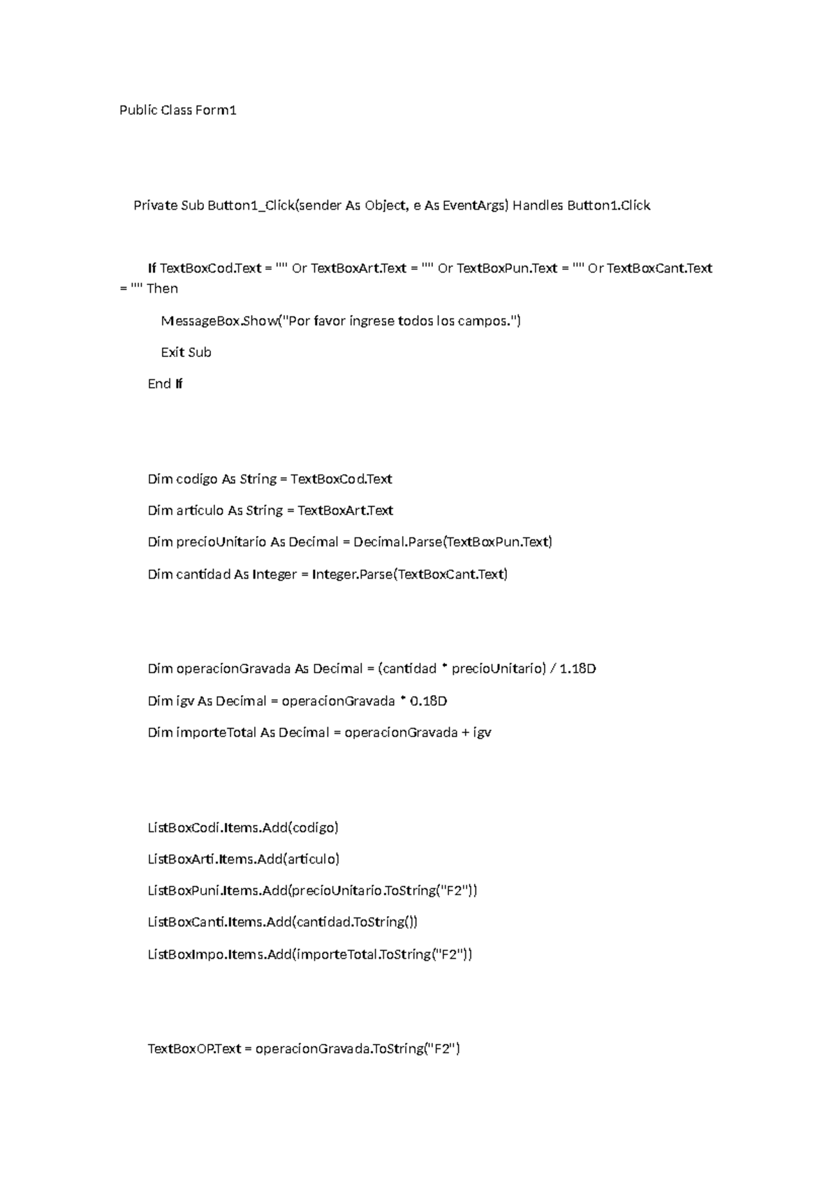 Formulario Articulos - practica de visual basic, codigos - Public Class ...