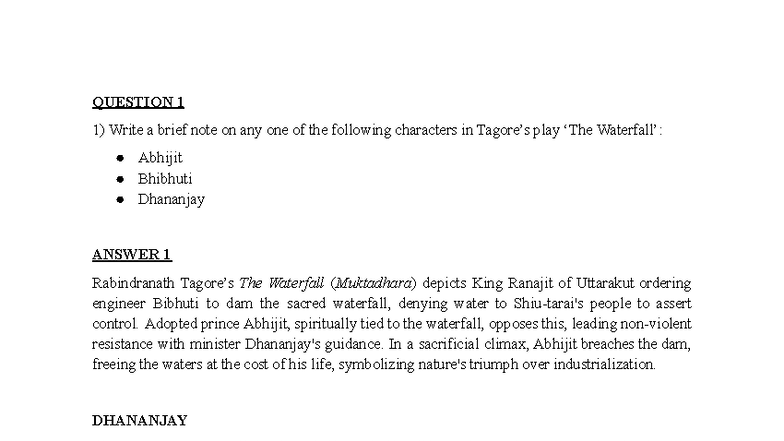 VAC 2023: Character Analysis of Dhananjay in "The Waterfall" - Studocu