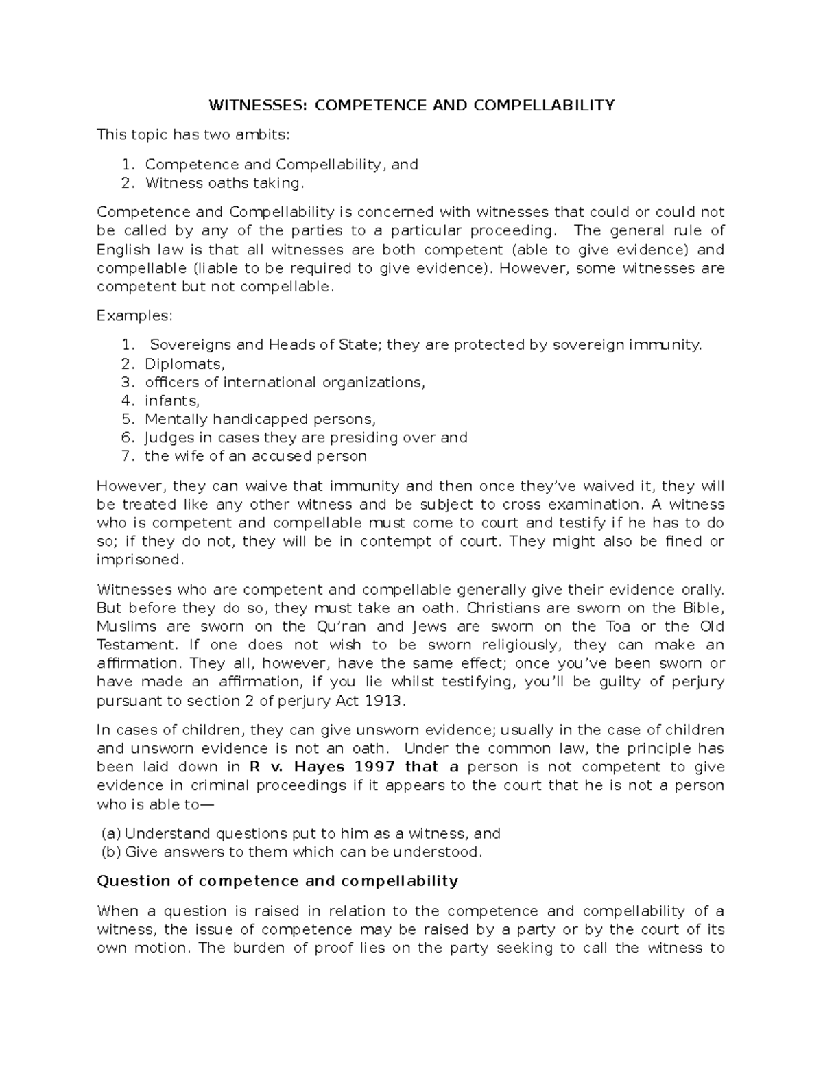 Competence AND Compellability 1 - WITNESSES: COMPETENCE AND ...