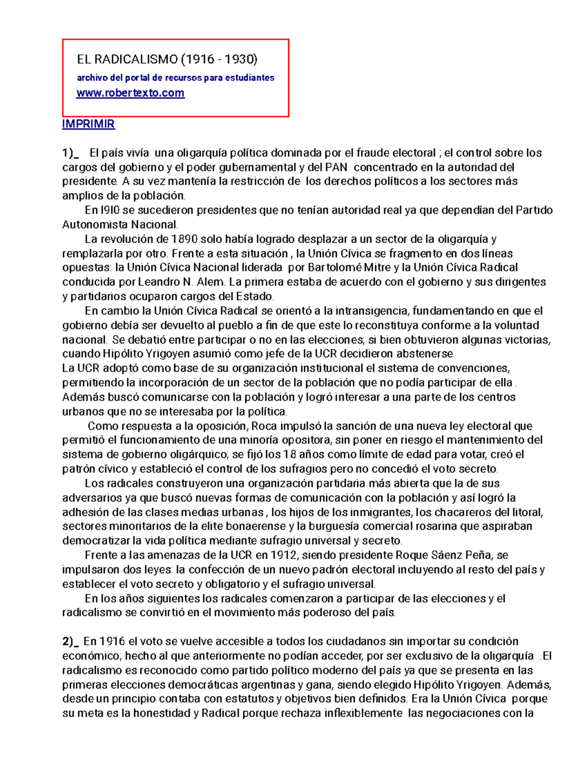 Radicalismo (1916-1930) - EL RADICALISMO (1916 - 1930) archivo del ...