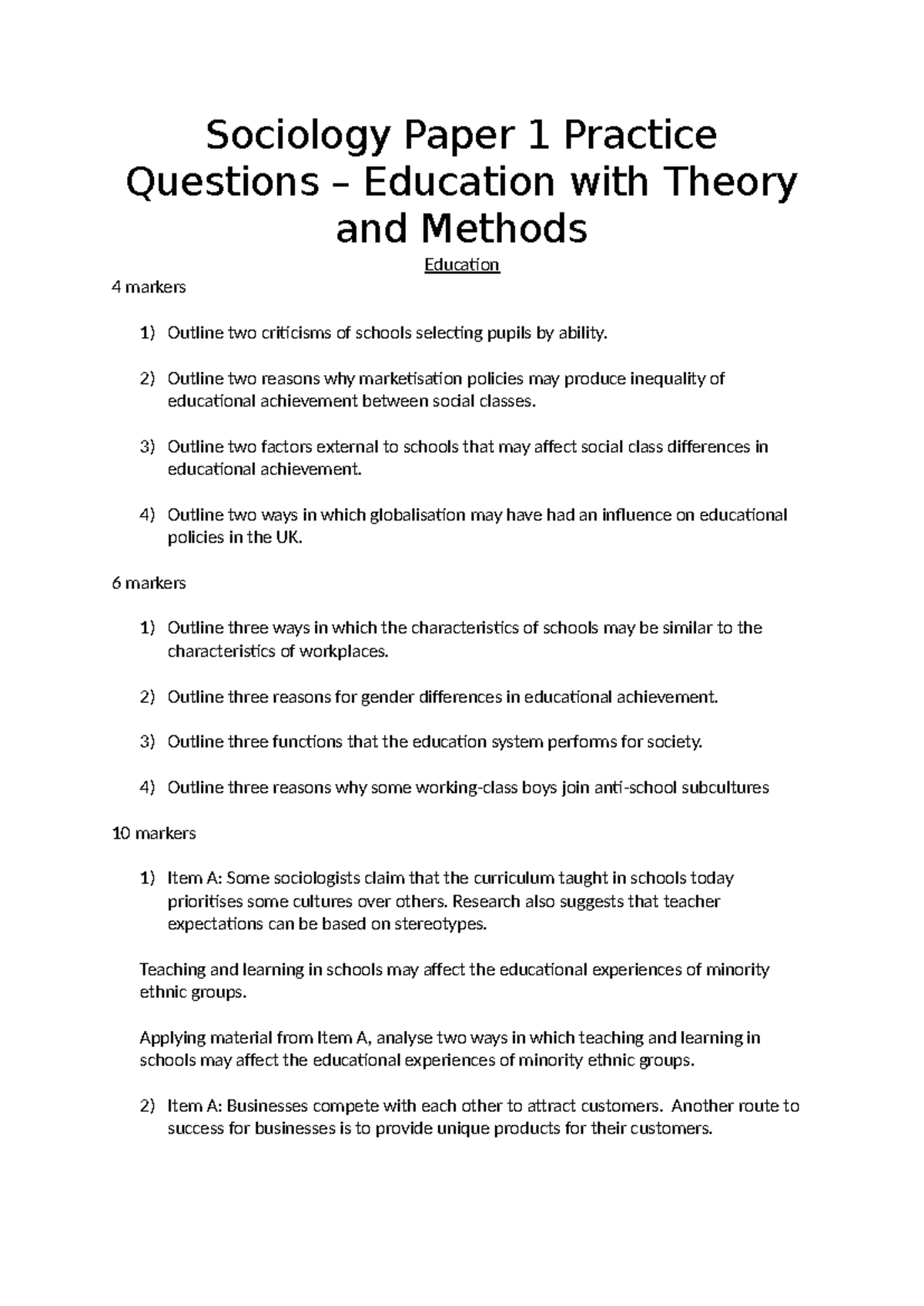 Sociology Paper 1: Practice Questions on Education & Social Inequality ...