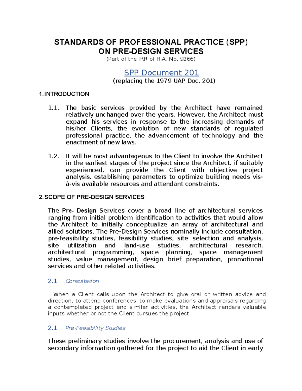 Standards of Professional Practice (SPP) in Pre-Design Services - Studocu