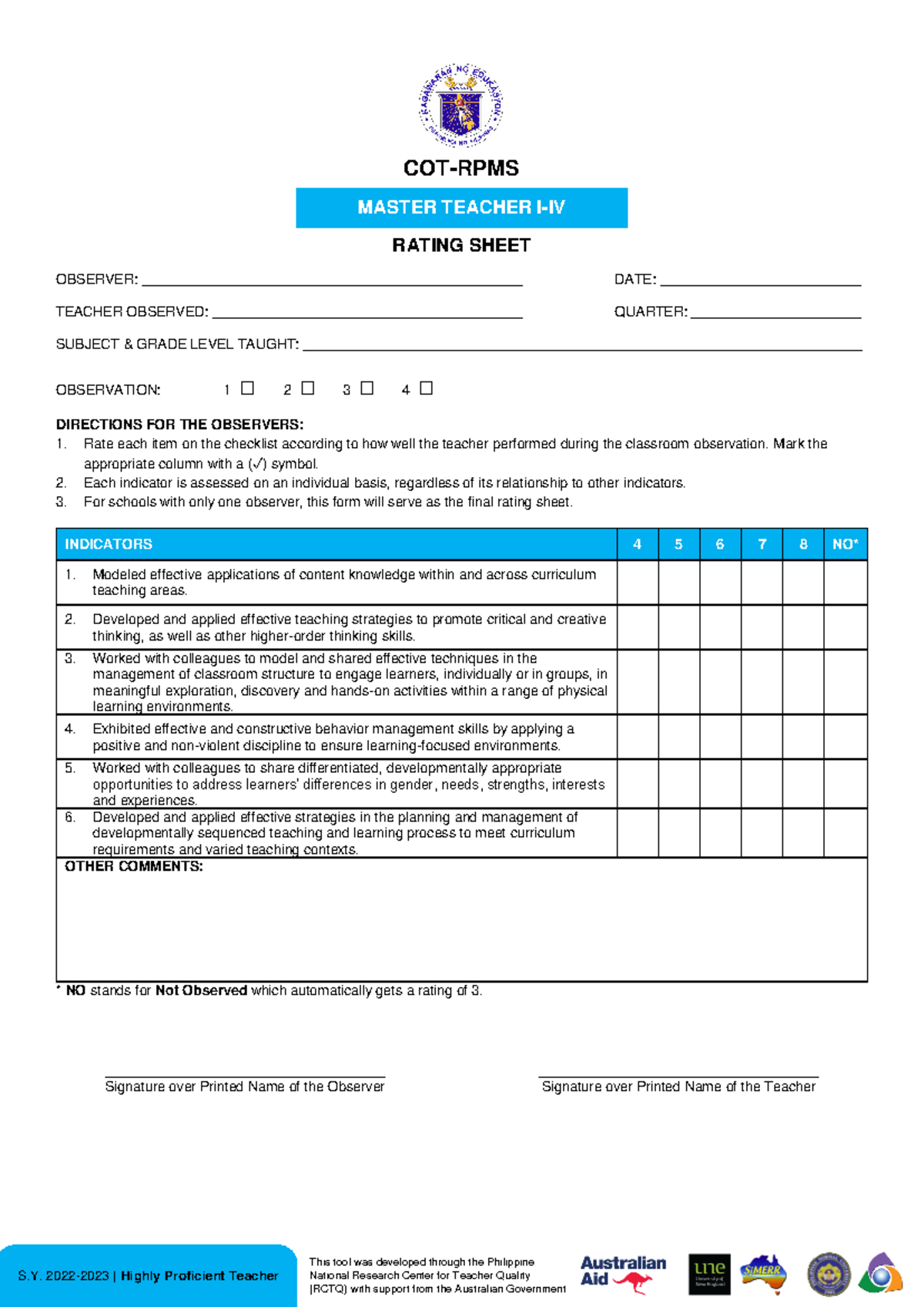 COT RPMS Rating Sheet for Master Teachers I-IV SY 2022-2023 - Studocu