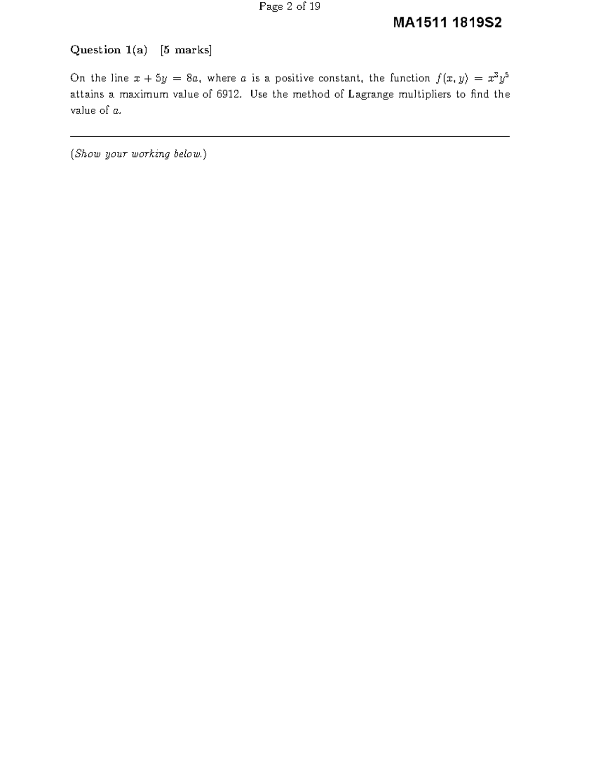 MA1511 1819S2 Exam Paper - Question 1(a) [5 marks] On the lineattains a ...
