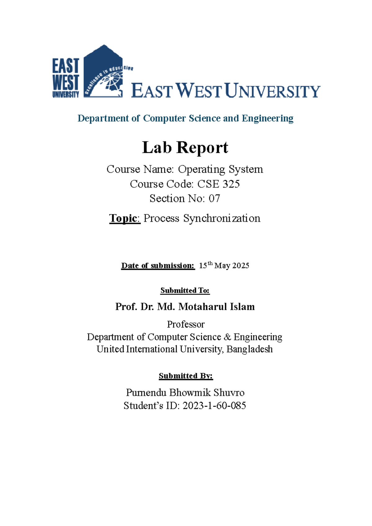 Lab Report on Process Synchronization - CSE 325 - Studocu