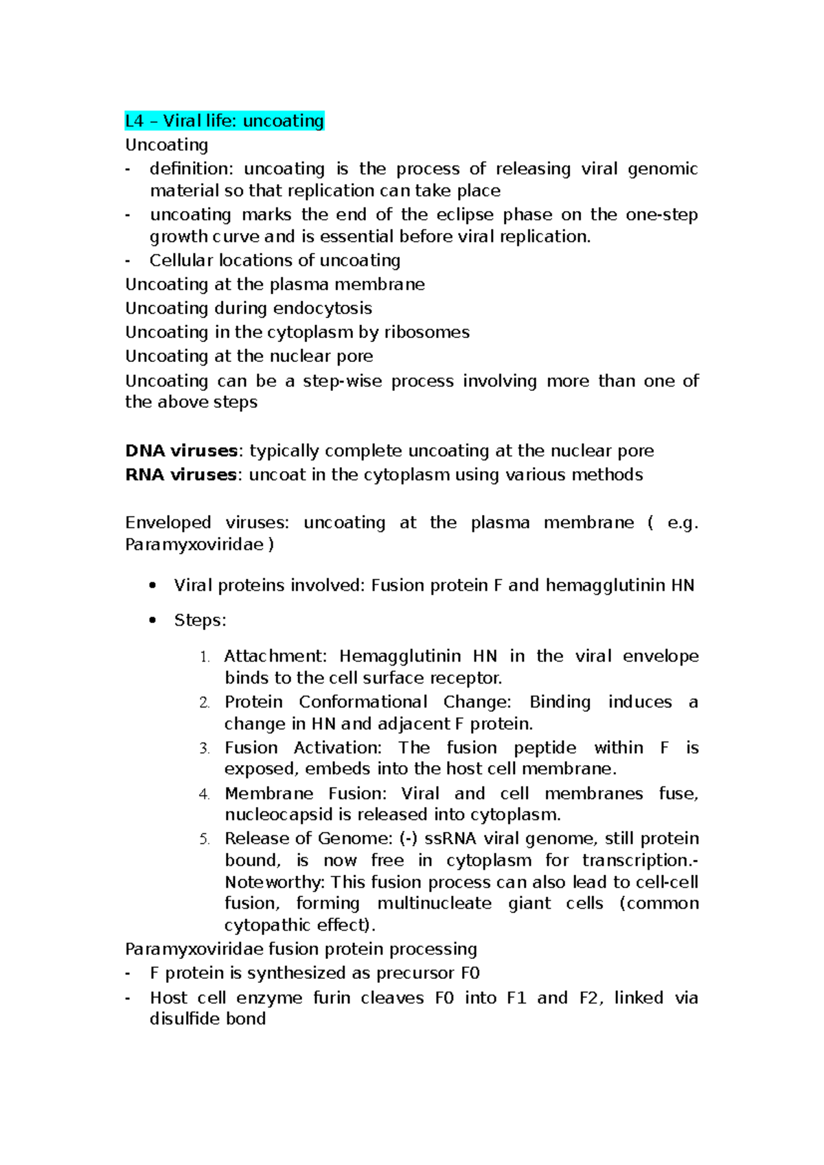Lecture 4: Uncoating Mechanisms in Viral Life Cycle - Studocu