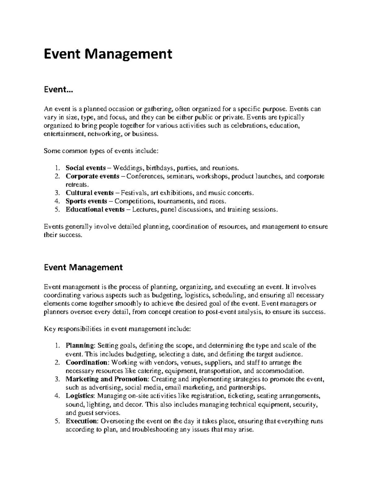 Event Management Overview and Its Role in Tourism Development - Studocu