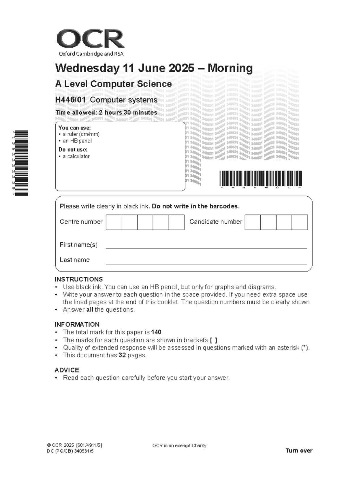 A Level Computer Science Exam Paper H446/01 - June 2025 - Studocu