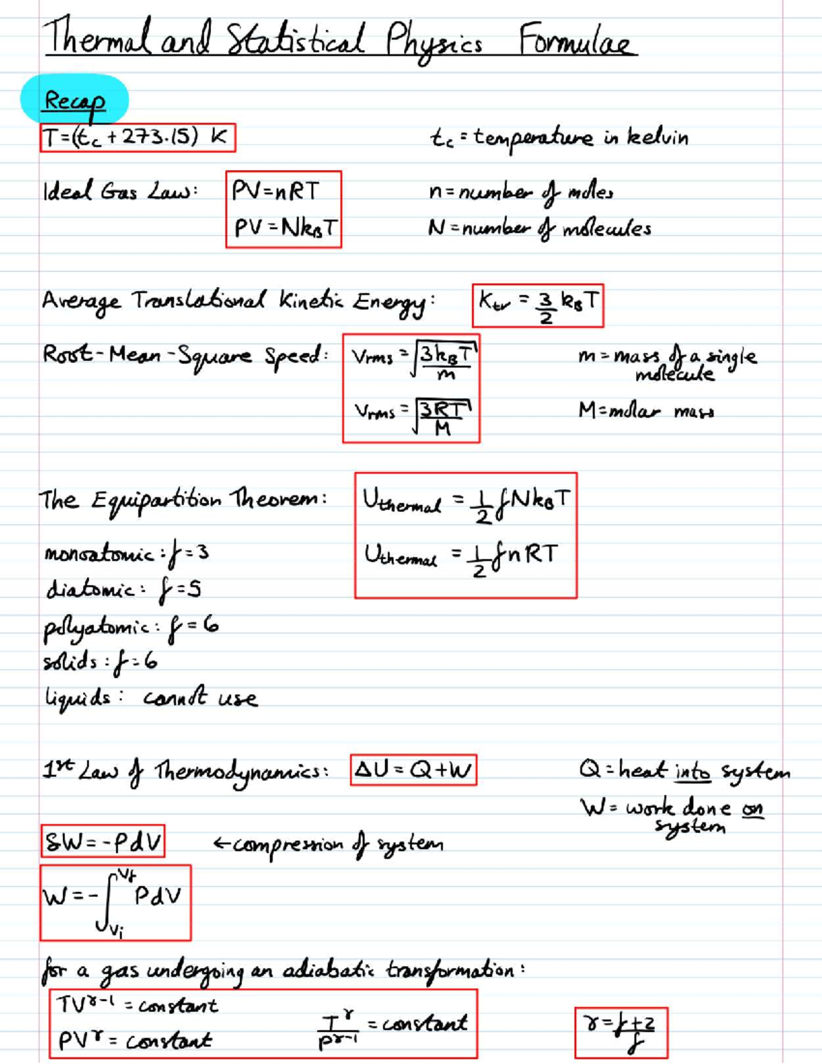 TSP Formulae Summary Sheet: Thermodynamics & Kinetic Theory - Studocu