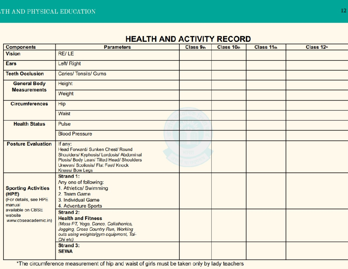 Health & Activity Record for PE 12: Components & Parameters - Studocu