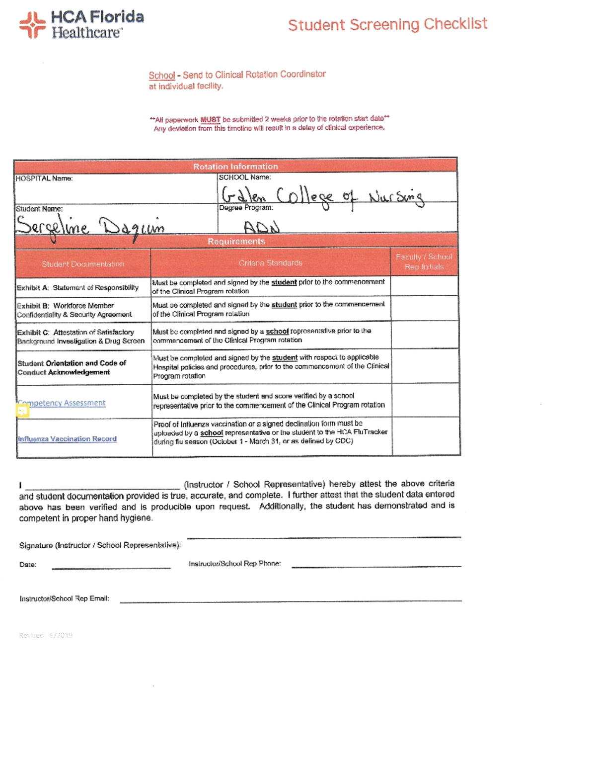 Galen Nursing HCA Clinical Rotation Student Screening Checklist - Studocu