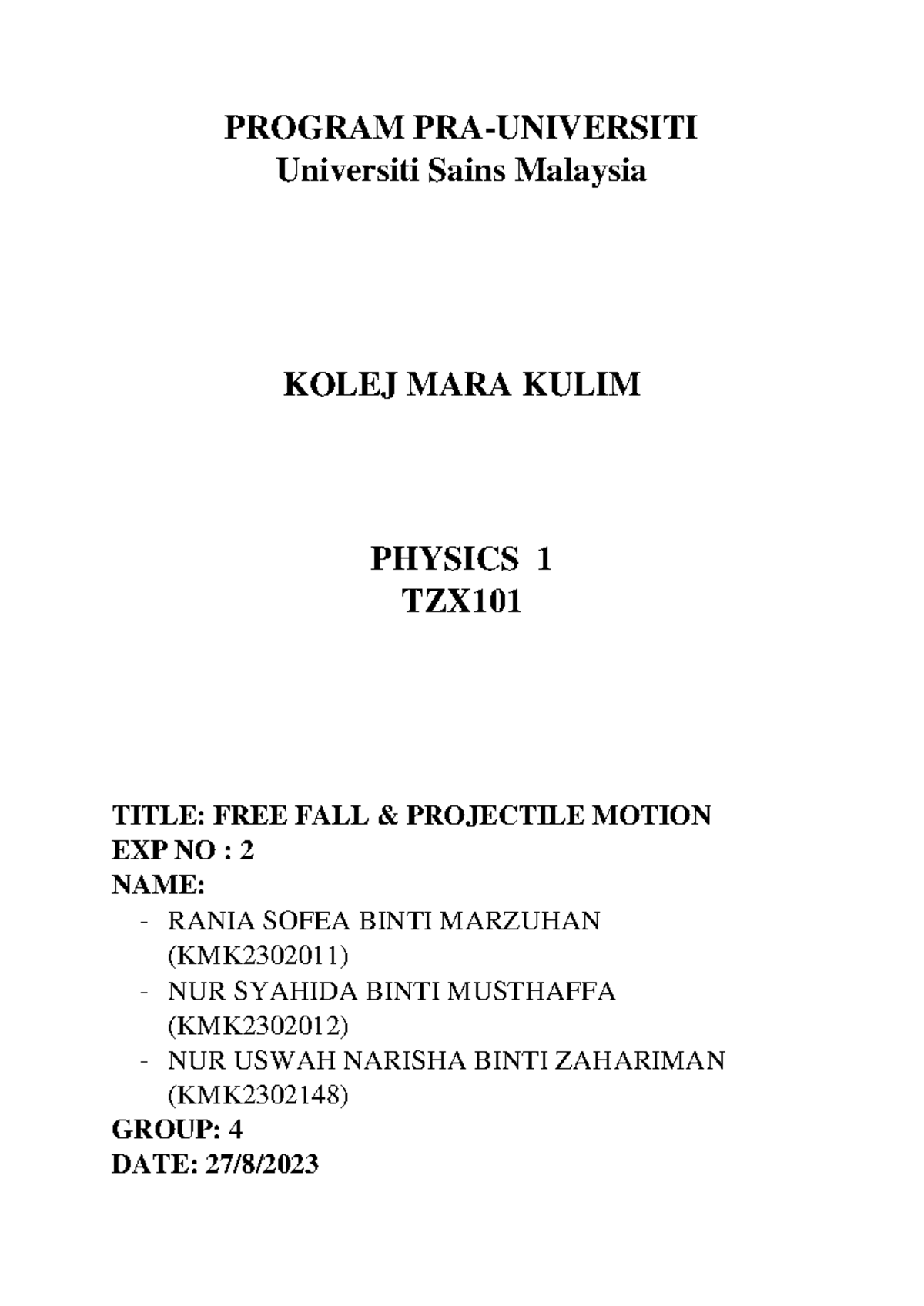 Lab Report TZX 101: Free Fall & Projectile Motion Experiment 2 - Studocu