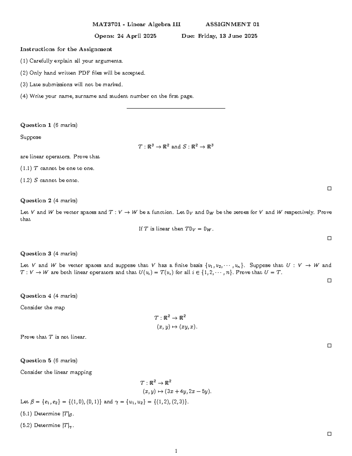 MAT3701 Linear Algebra Assignment 01 Instructions and Questions - Studocu