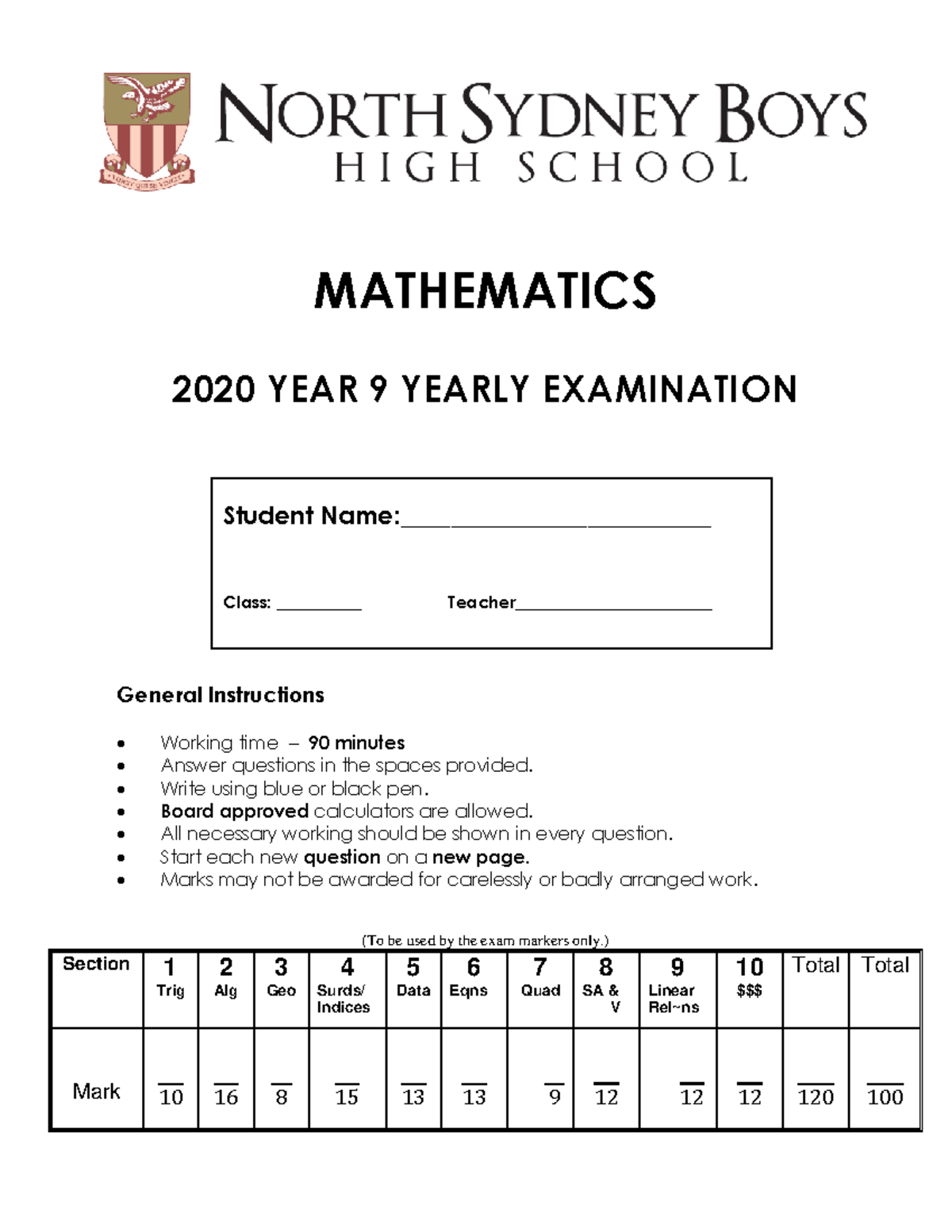 2020 Yr 9 Mathematics Yearly Exam - Past Paper Task 4 - Studocu
