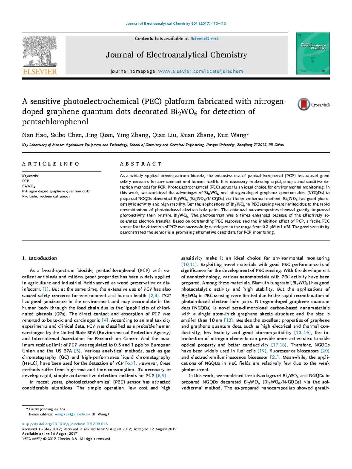 Sensitive PEC Sensor for PCP Detection Using NGQDs-Bi2WO6 - Studocu