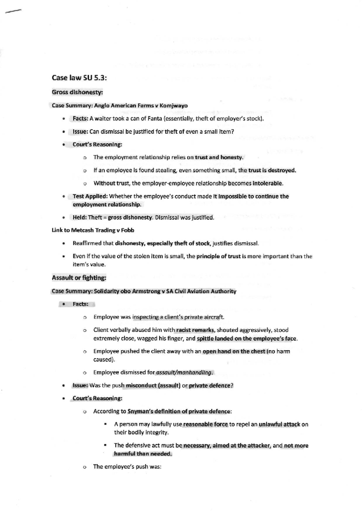 IURI 222 SU 5.3 Case Law Summary: Gross Dishonesty & Assault - Studocu