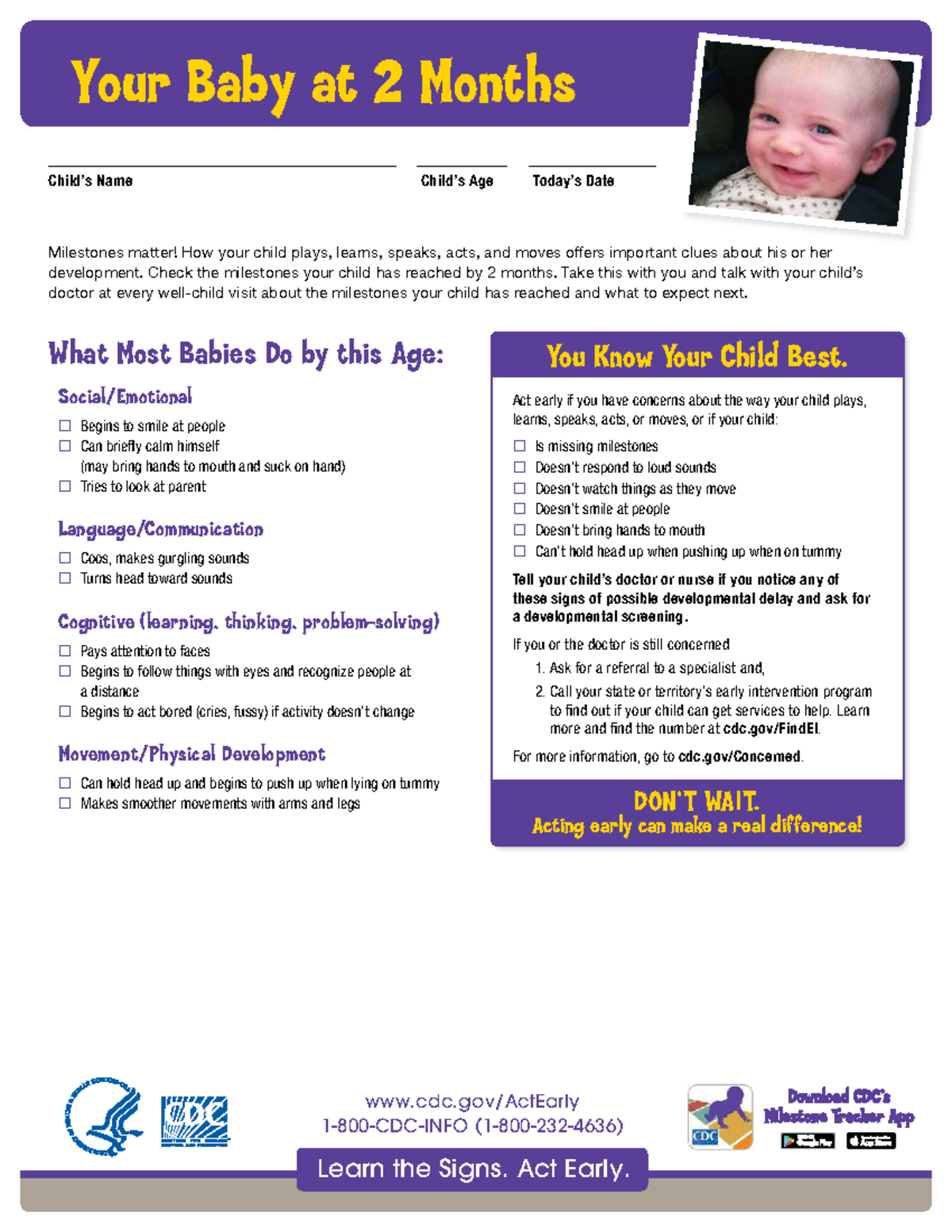 CDC+Milestone+Checklist - Your Baby at 2 Months Child’s Name Child’s ...