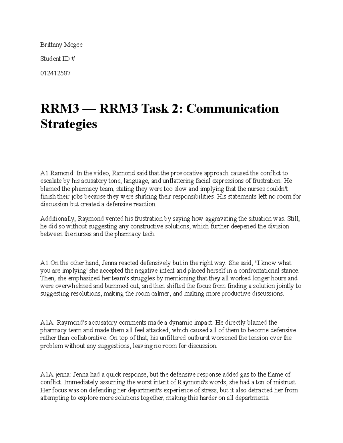 RRM3 Task 2: Communication Strategies and Conflict Resolution - Studocu