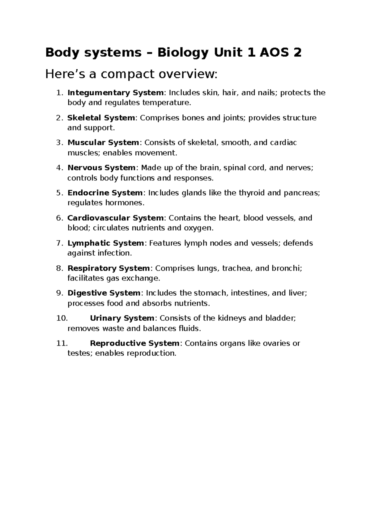 Biology Unit 1 AOS 2: Overview of Body Systems and Functions - Studocu