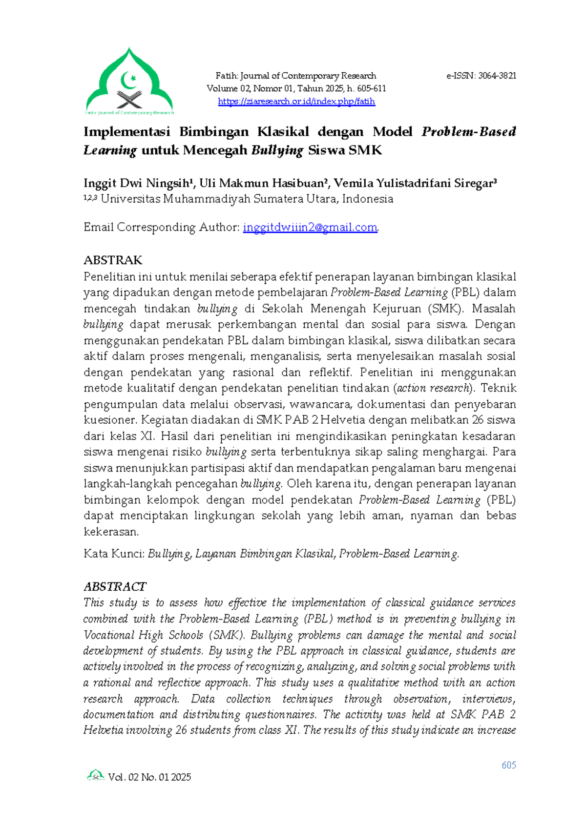 Implementasi Bimbingan Klasikal dengan Model Learning untuk Mencegah ...
