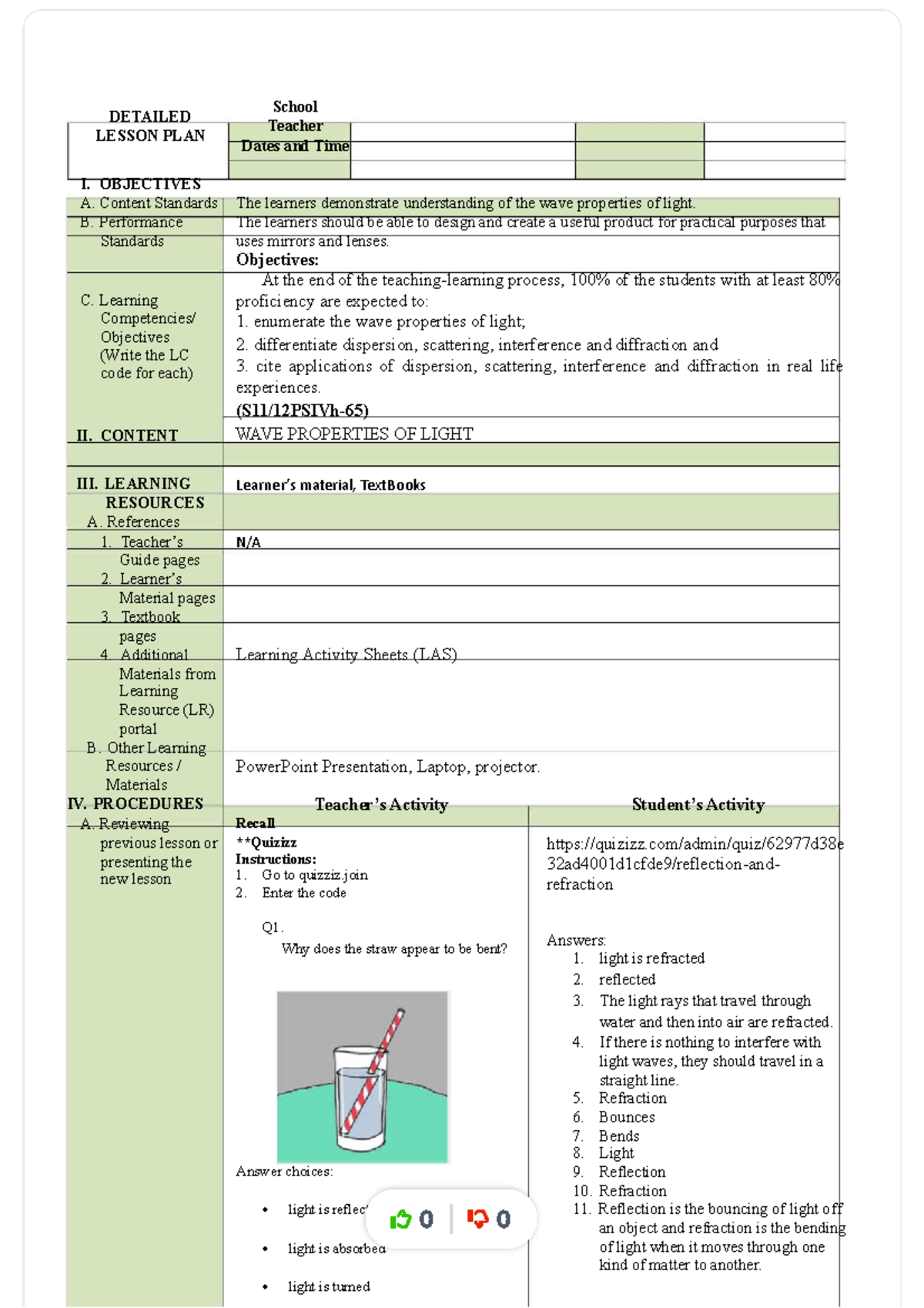 Physical Science Lesson Plan: Wave Properties of Light (S11/12PSIVh-65 ...