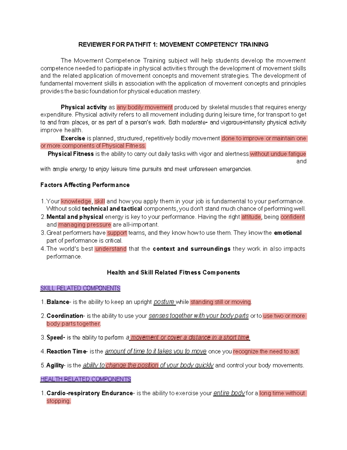 REVIEWER FOR PATHFIT 1: MOVEMENT COMPETENCY TRAINING NOTES - Studocu