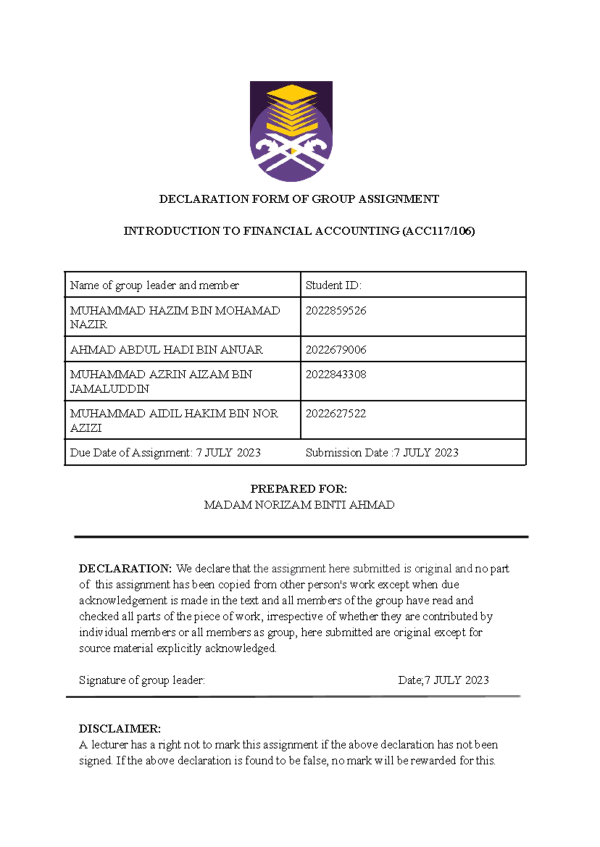 ACC117 Group Project Declaration and Business Overview for Chambal Atok ...