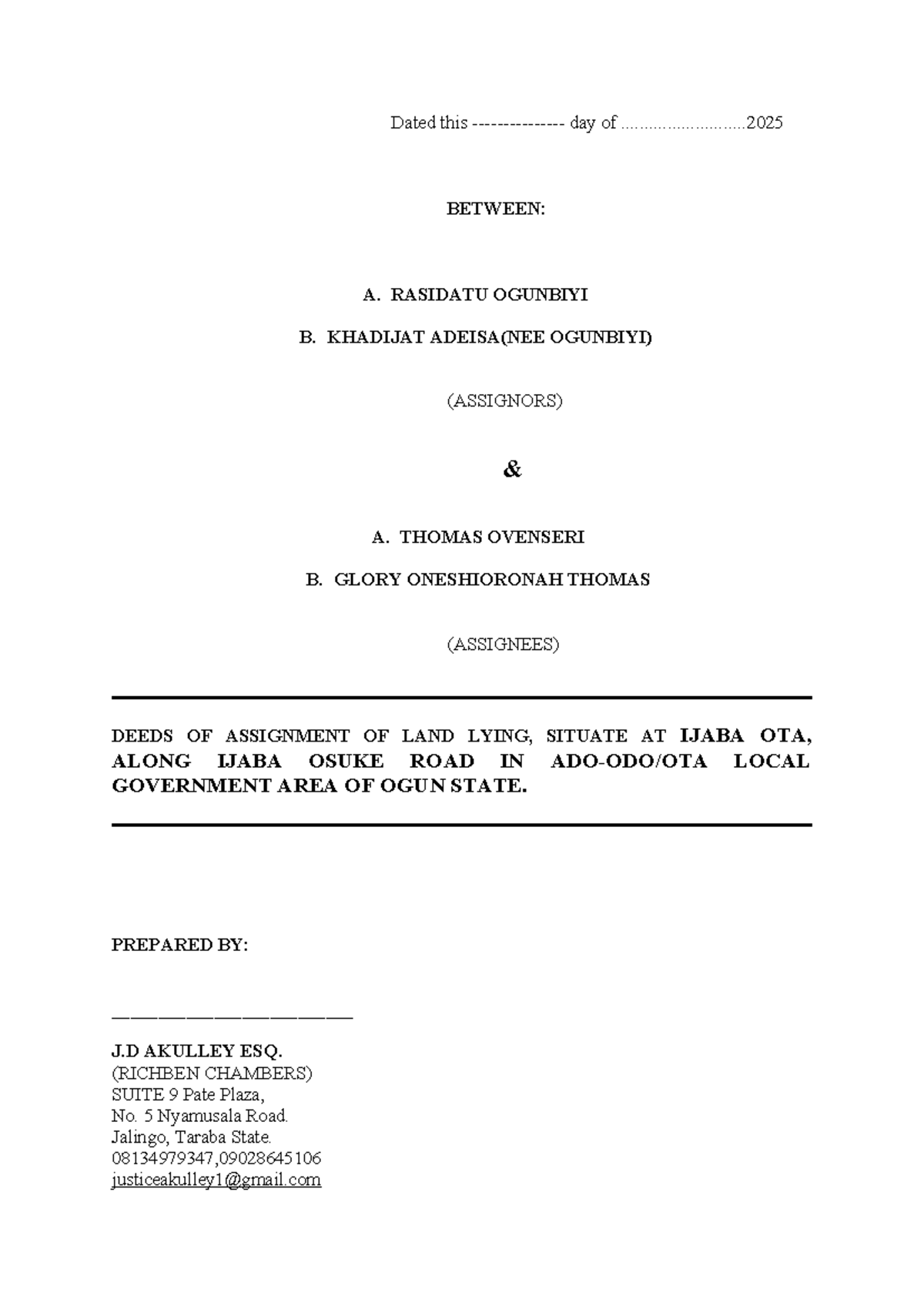 Deed of Assignment of Land at Ijaba Ota, Ogun State - 2025 - Studocu