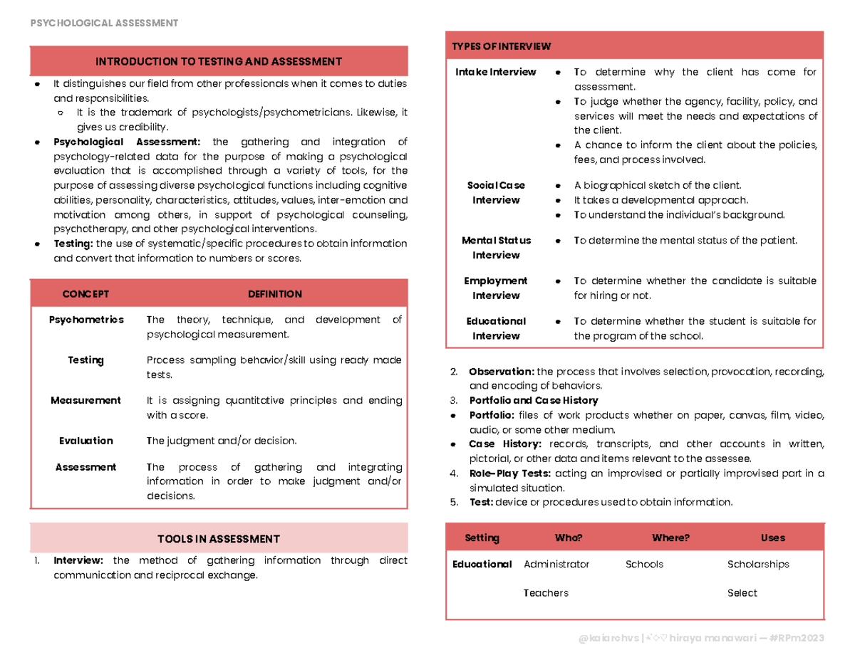 PSY 101: Psychological Assessment Types & Interview Techniques Notes ...