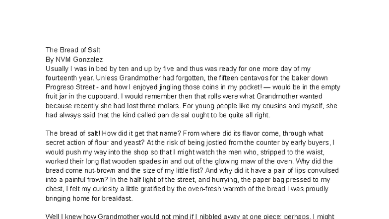 The Bread of Salt (NVM Gonzalez) - A Book Review Analysis - Studocu
