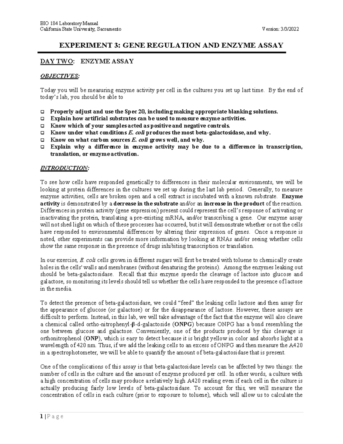 BIO 184 Lab Manual: Overview of Enzyme Assay & Gene Regulation - Studocu