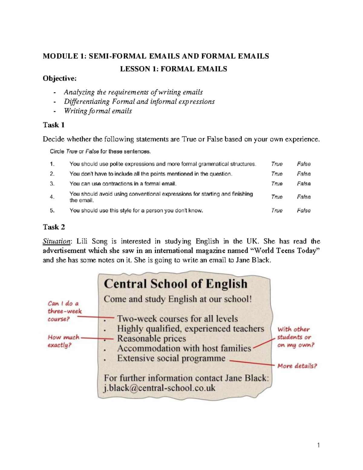 1. Handing Writing Module 1 - MODULE 1: SEMI-FORMAL EMAILS AND FORMAL ...