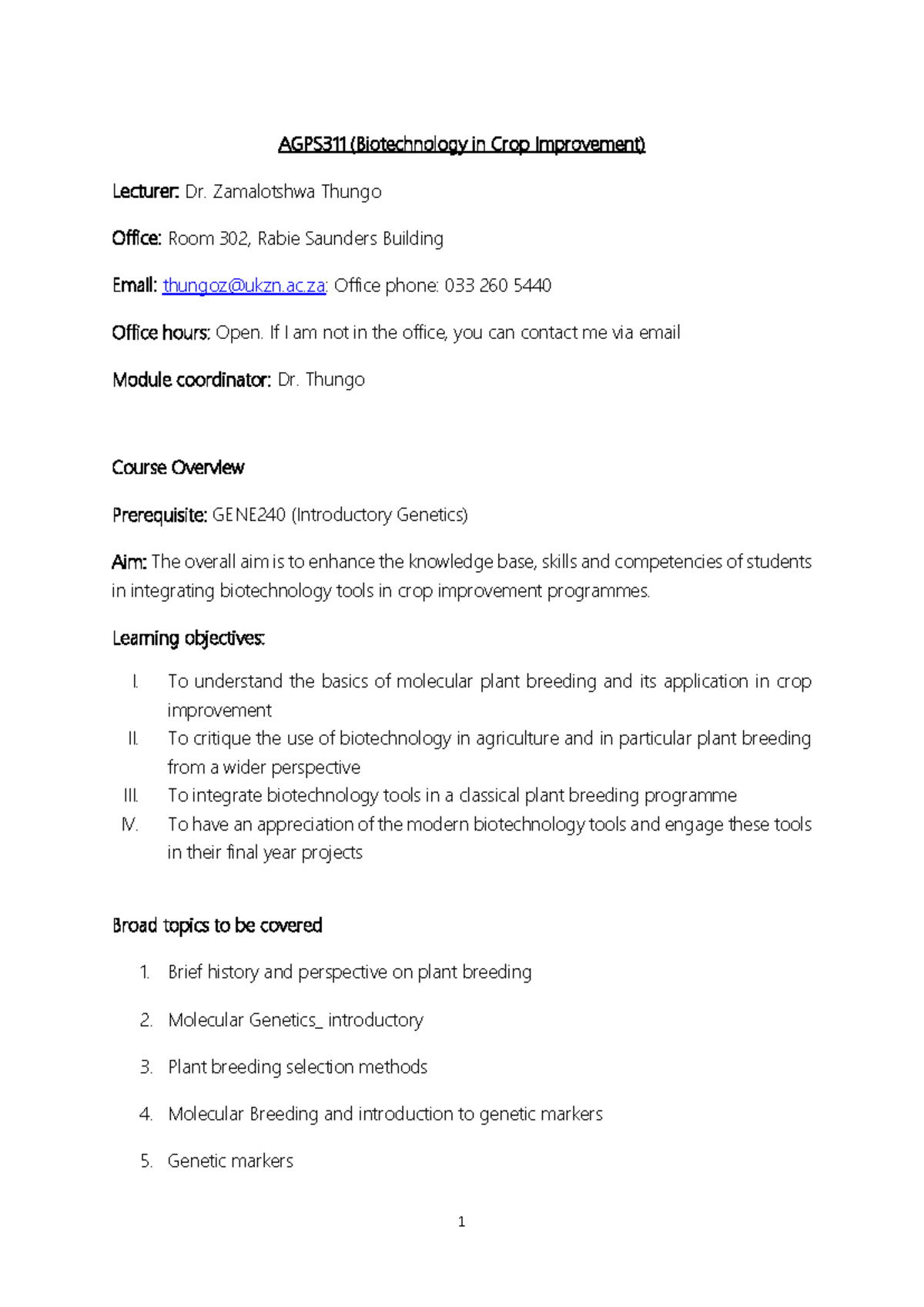AGPS311 Course Outline: Biotechnology in Crop Improvement - Studocu