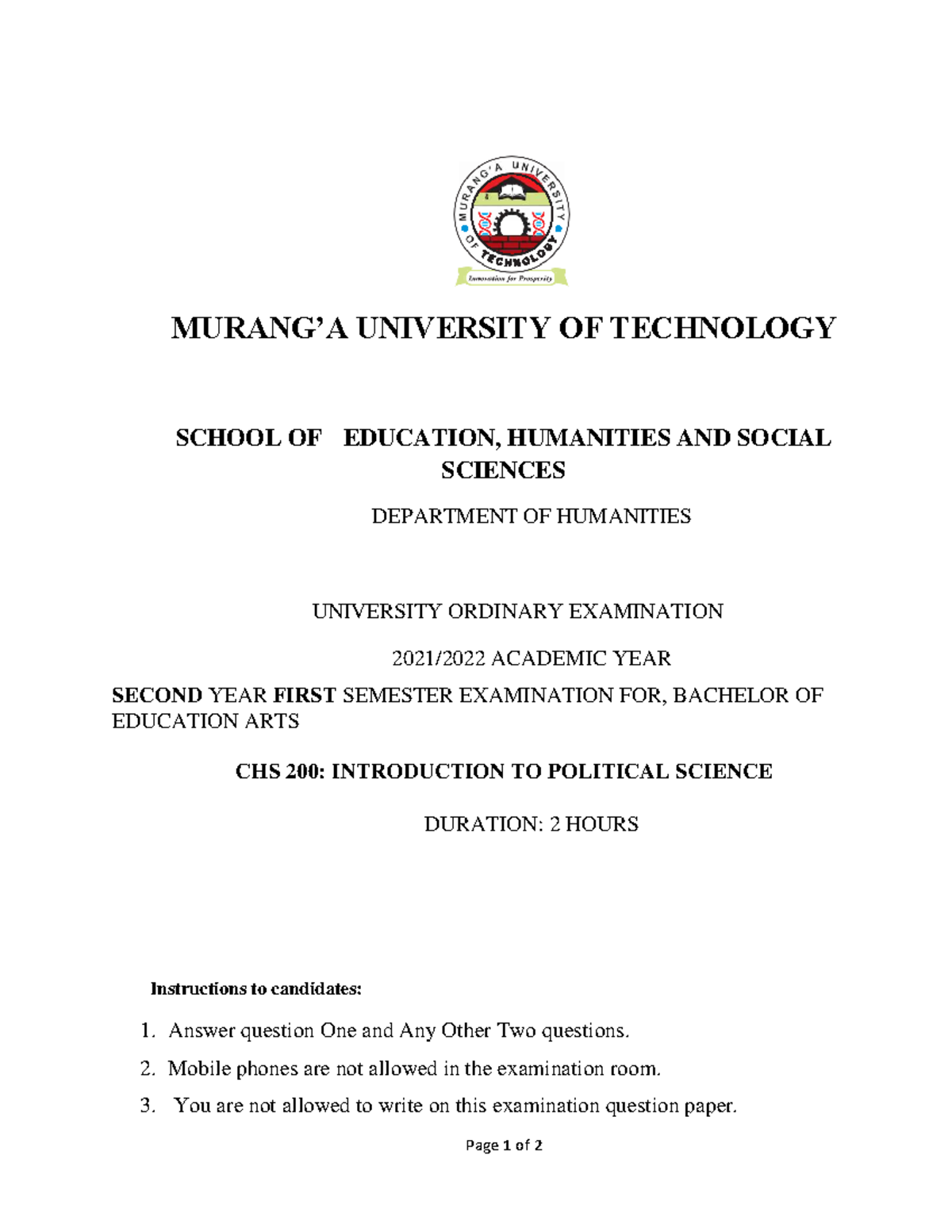 CHS 200: Introduction to Political Science Exam Paper 2021 - Studocu