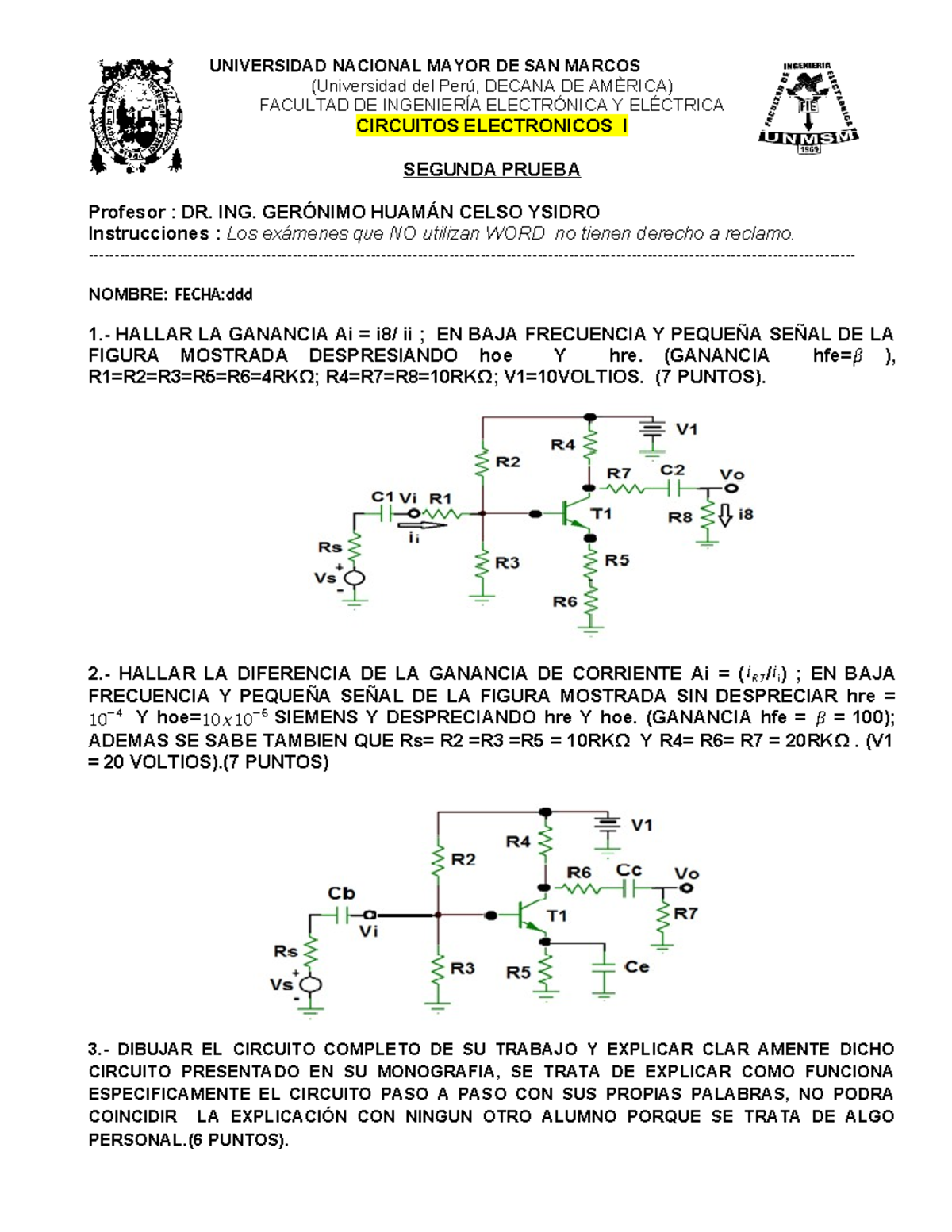 Examen Final de Circuitos Electrónicos I - U.N.M.S.M. - Studocu