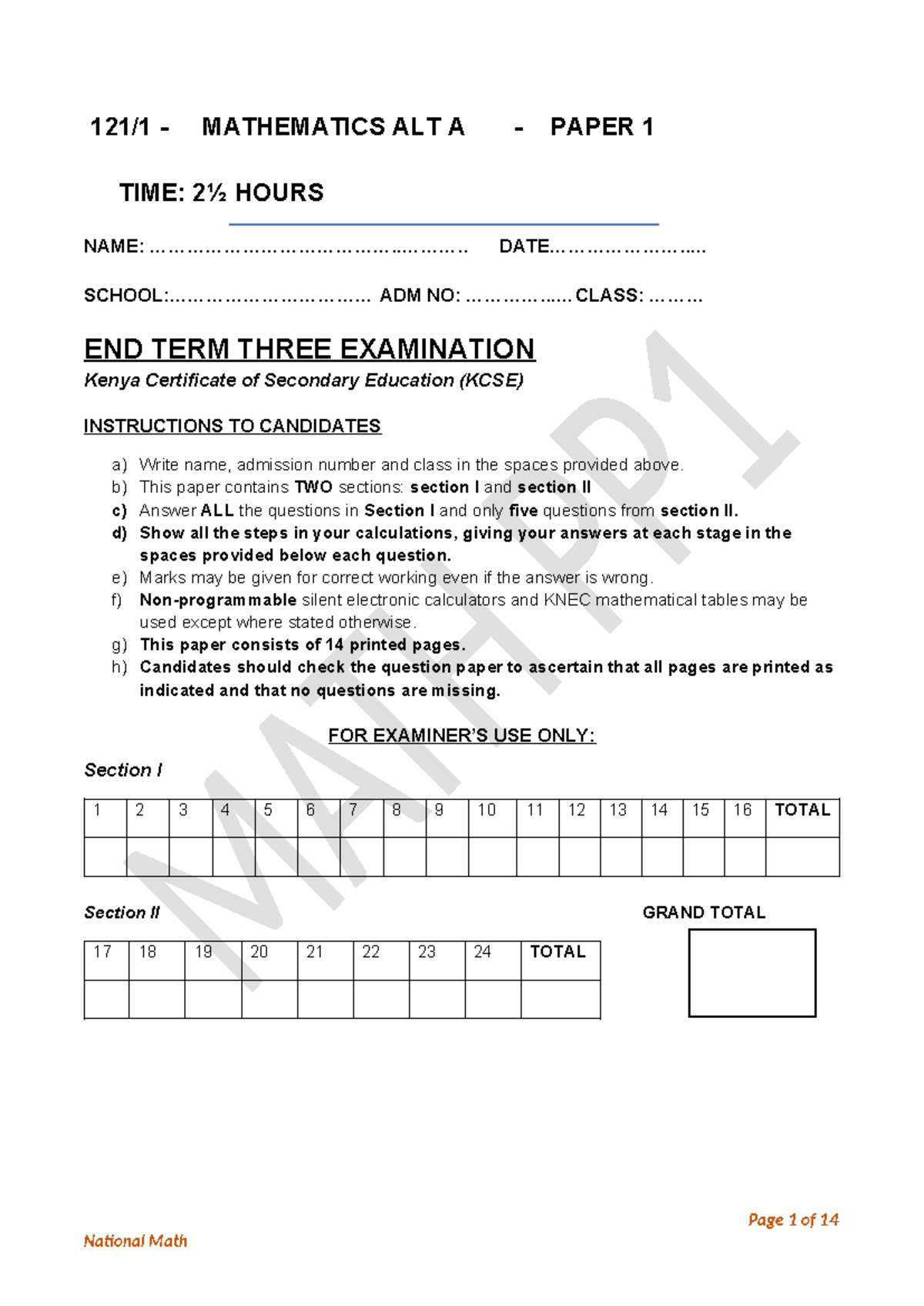 MATH F3 END TERM EXAMINATION PAPER 1 - KCSE 2023 - Studocu