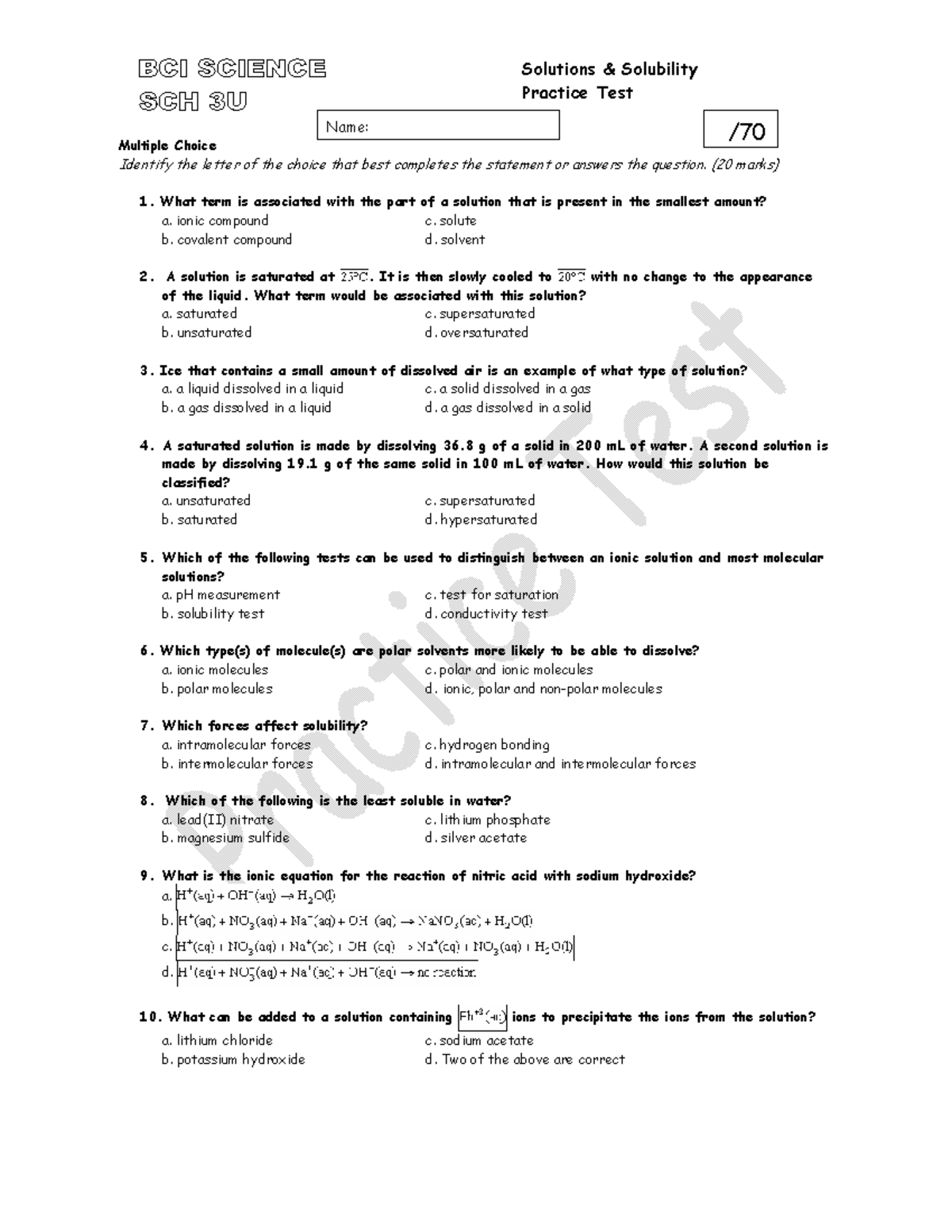 Solutions Solubility Practice Test (Course Code: 13) - Studocu