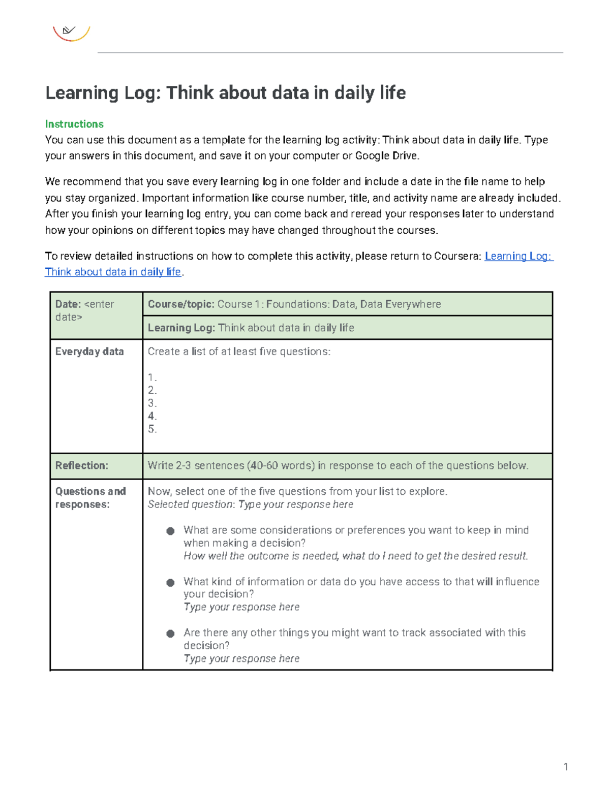 Learning Log Template: Data Reflection in Daily Life (Course 1) - Studocu